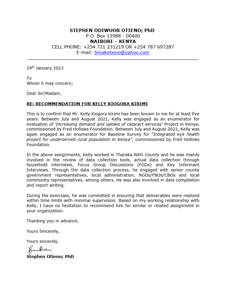 Recommendation For Kelly Kiogora Kirimi | PDF