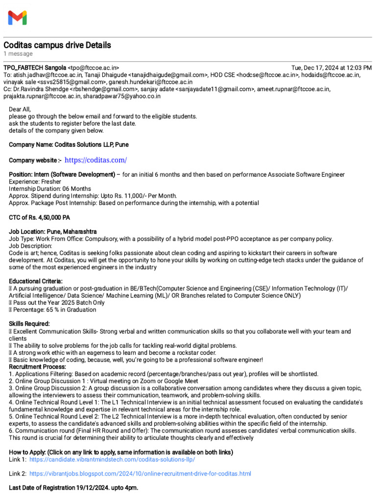 Gmail - Coditas Campus Drive Details | PDF | Cognition | Learning