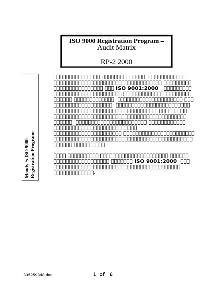 Audit Matrix Moody ISO9000 | PDF