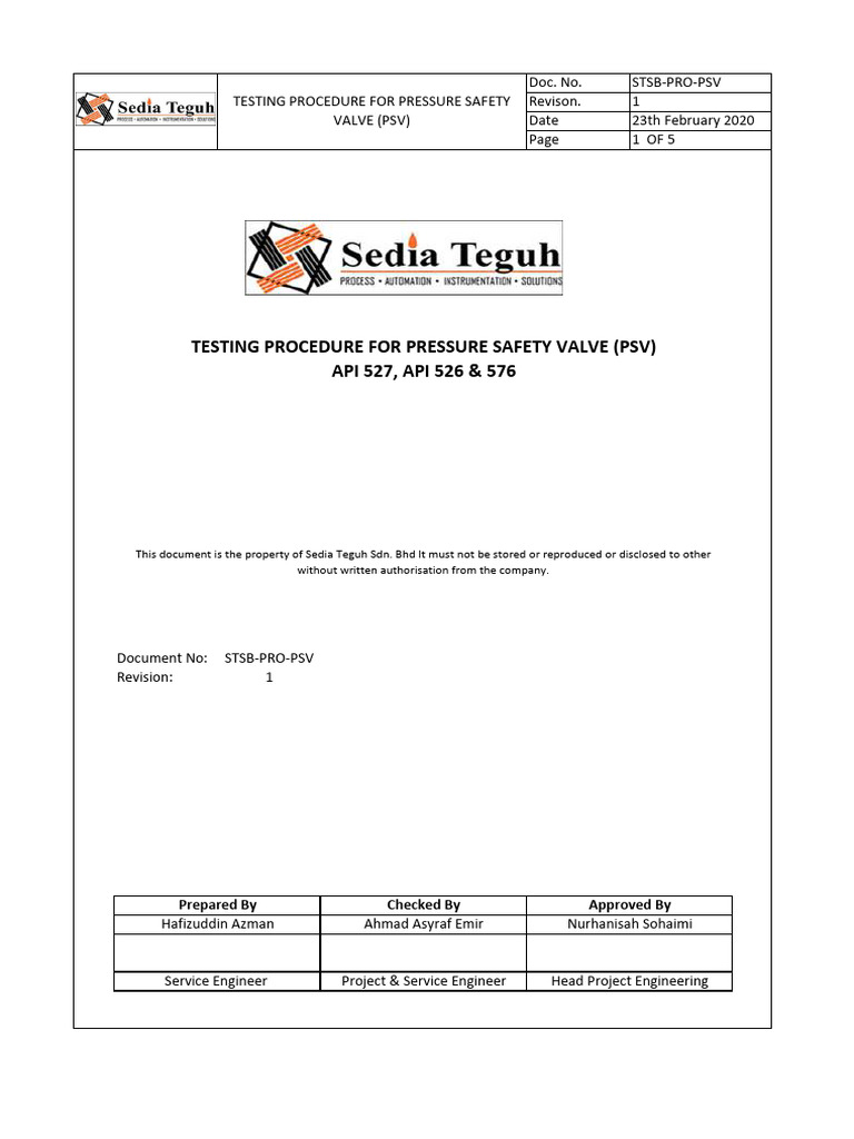 PSV Procedure (Stsb-Pro-Psv Rev 1) | PDF | Valve | Calibration