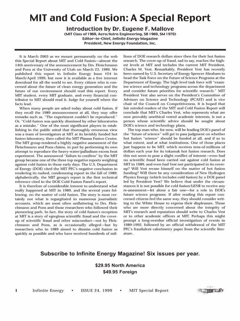 MIT and Cold Fusion - A Special Report Introduction by Dr. Eugene F ...
