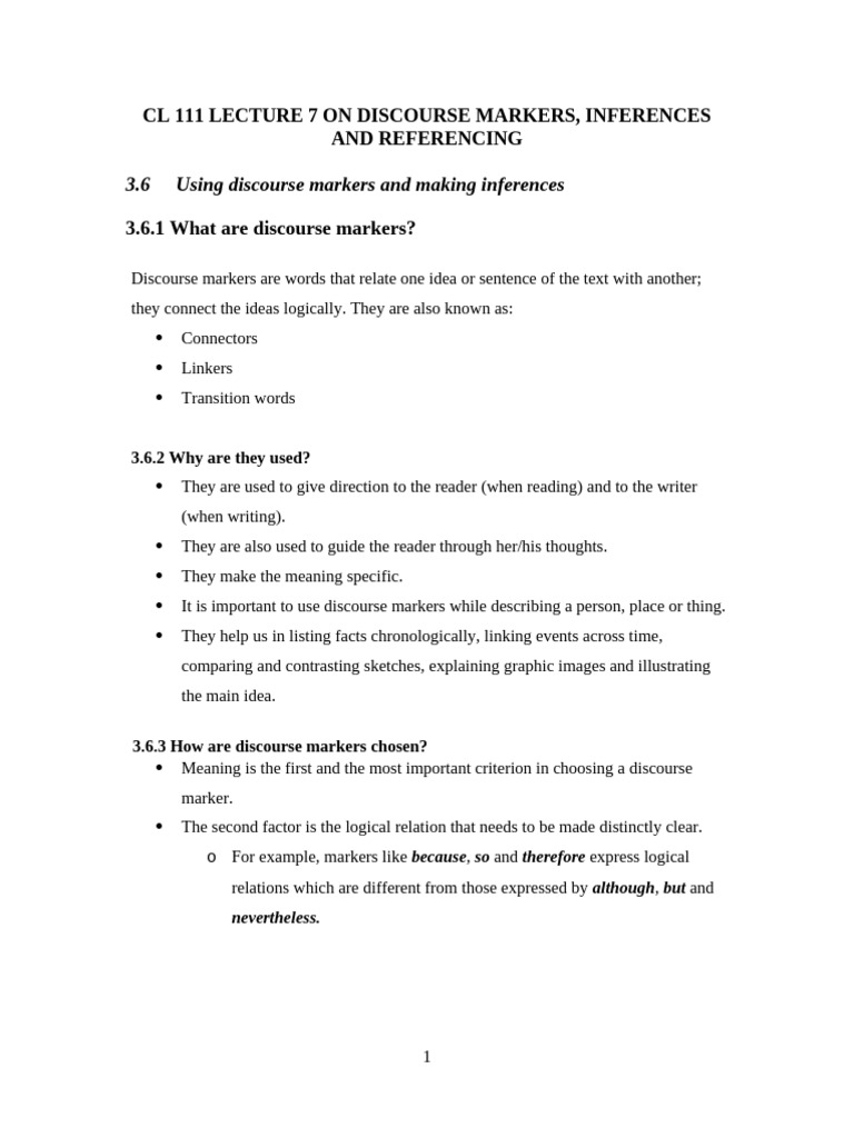 CL 111 Lecture 7 On Discourse Markers and Referencing in Nov 2016-1 | PDF | Sentence ...