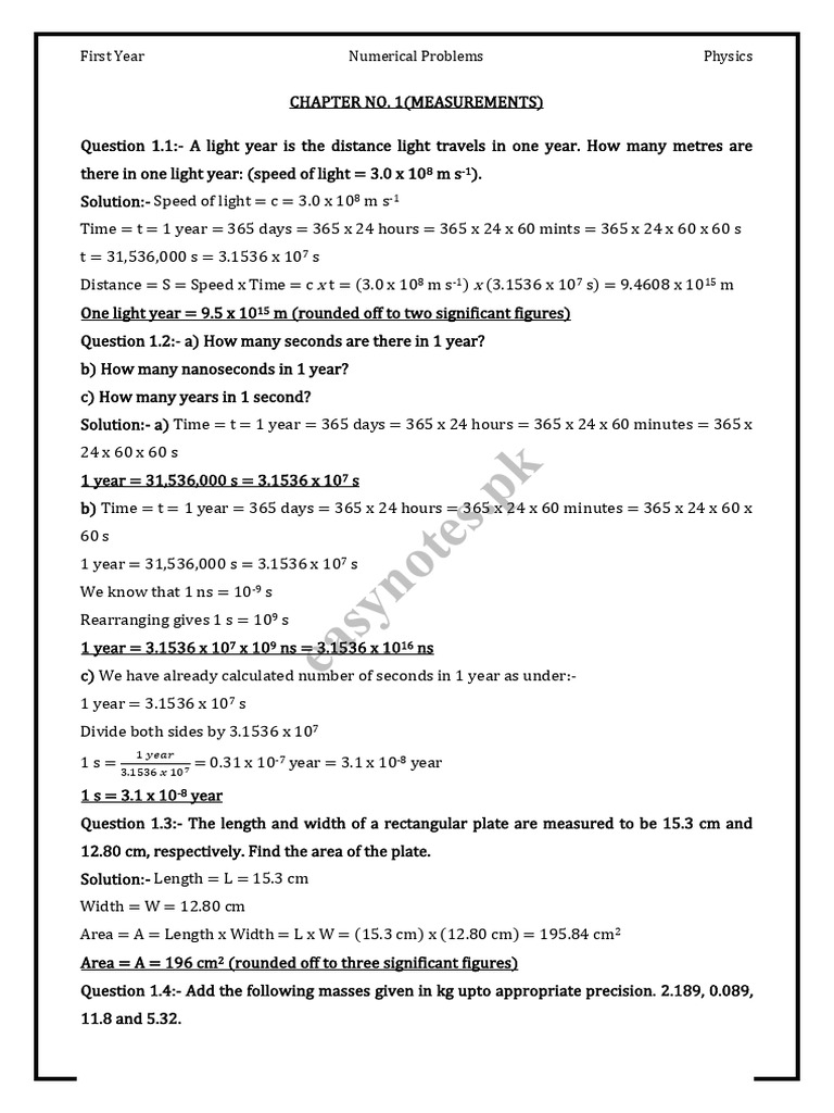 1st Year Physics Chapter 1 Solved Numericals Notes | PDF | Significant ...
