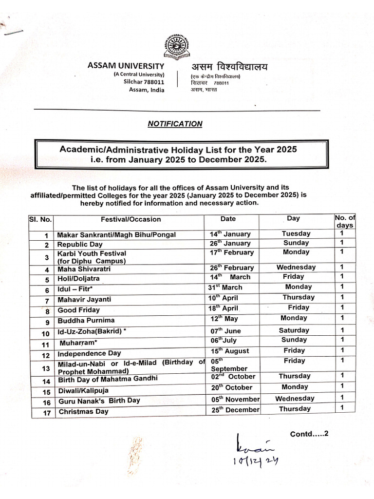 Holiday List 2025 | PDF