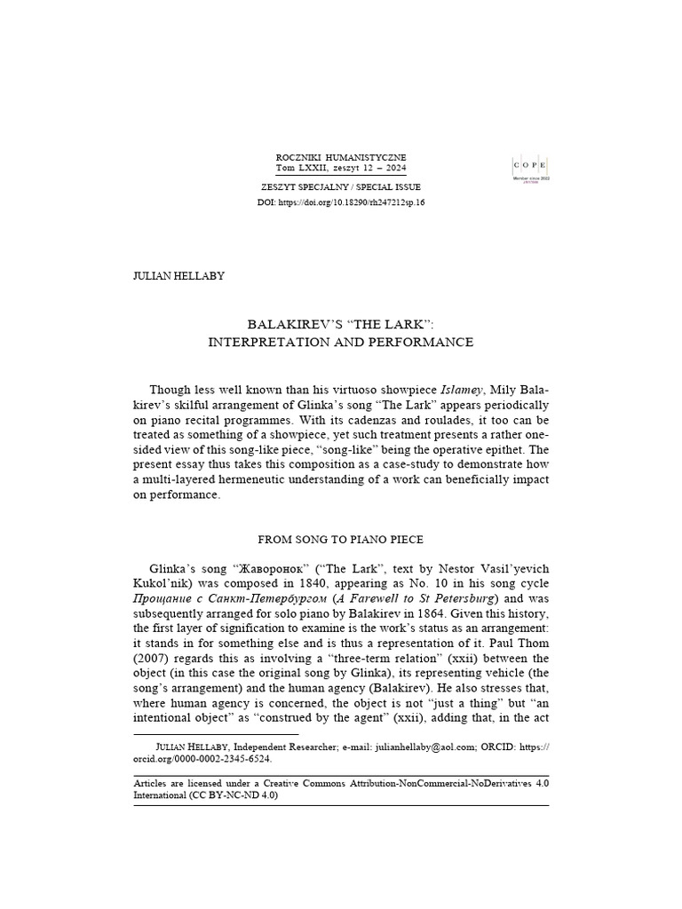 Balakirev's "The Lark": Interpretation and Performance | PDF ...