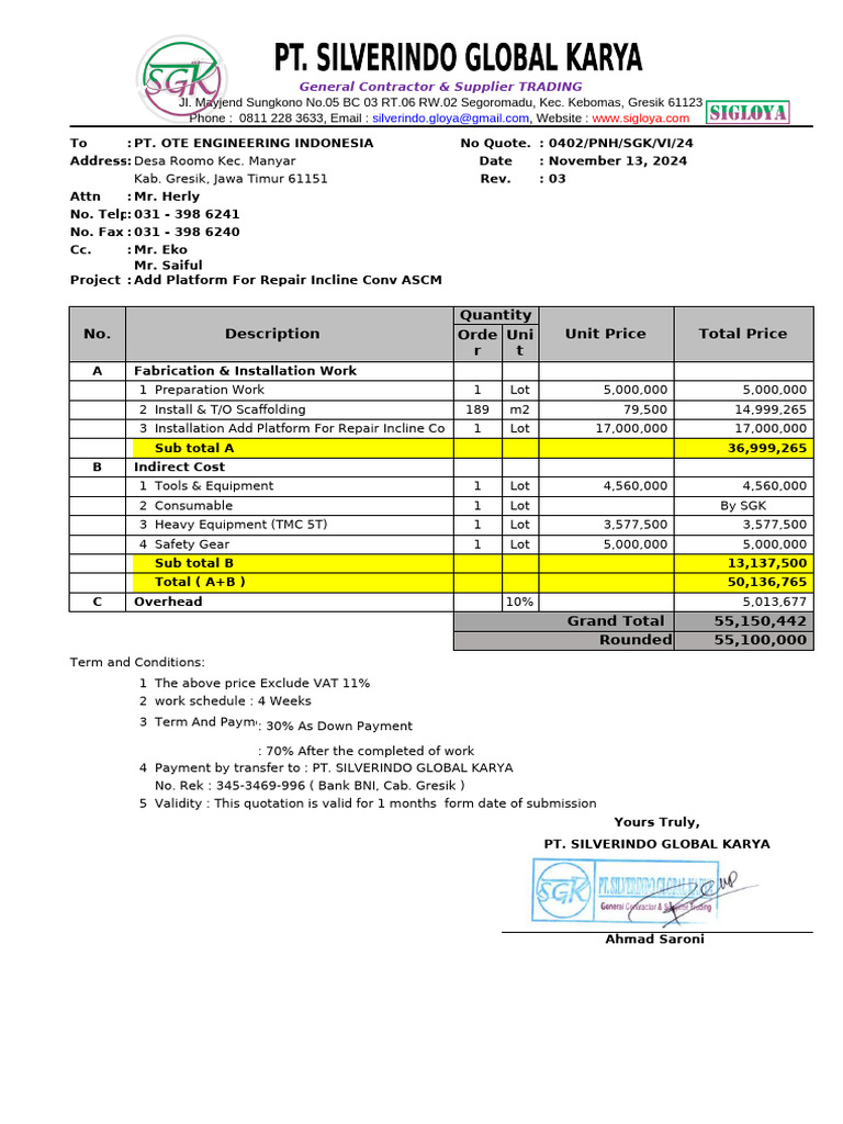 Quotation for Platform Installation Project | PDF | Drill | Equipment