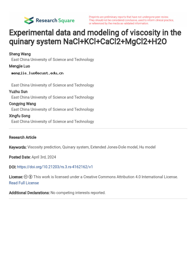 Viscosity Modeling in NaCl-KCl-CaCl2-MgCl2-H2O | PDF | Potassium ...