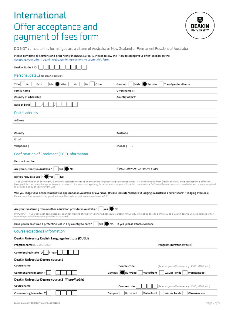 Deakin University International Offer Acceptance and Fees Form | PDF | Travel Visa