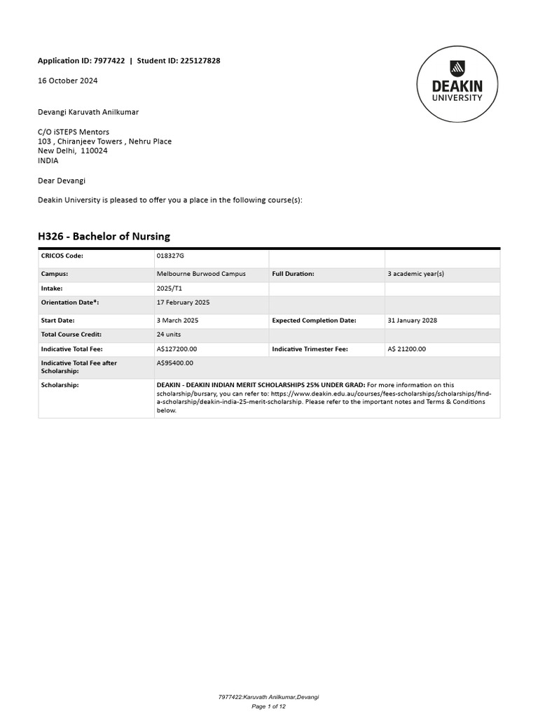 Deakin Unconditional Offer Letter | PDF | Cost Of Living | Travel Visa