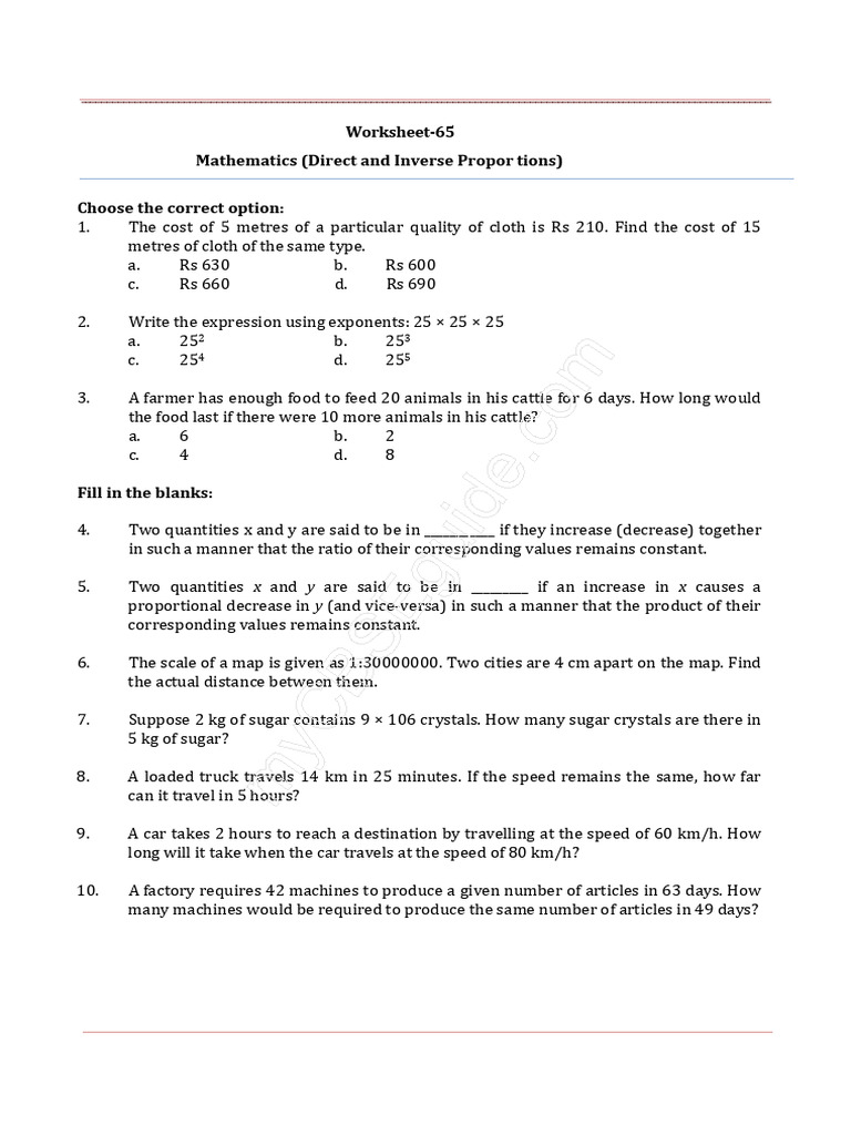 Direct and Inverse Proportion Worksheet | PDF