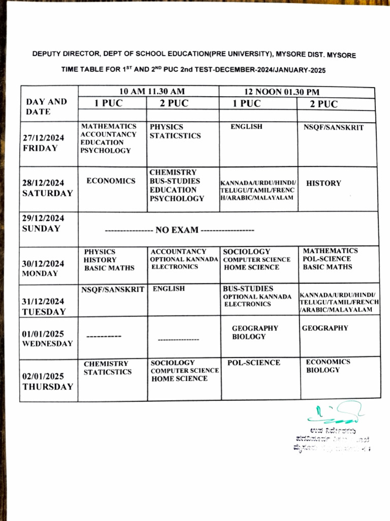PUC Exam Schedule Dec 2024-Jan 2025 | PDF | Science