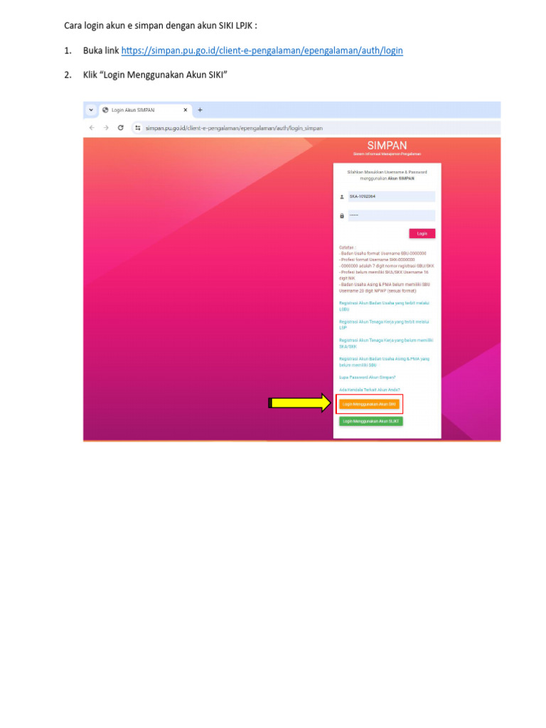 Cara Login Akun e Simpan Dengan Akun SIKI LPJK | PDF