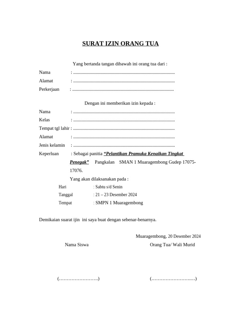 Surat Ijin Orang Tua Pramuka | PDF