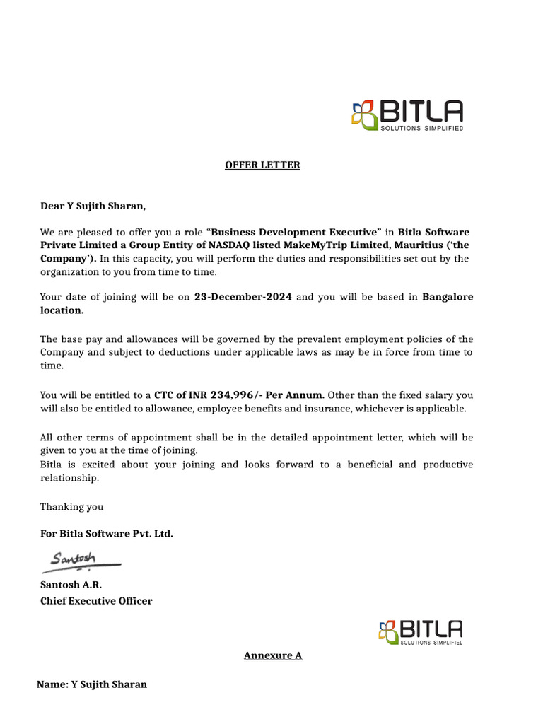 Y Sujith Sharan - Offer Letter | PDF | Employment | Employee Benefits