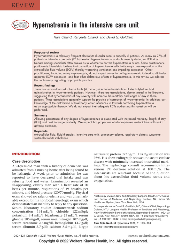Hypernatremia in The Intensive Care Unit | PDF | Intensive Care Unit ...