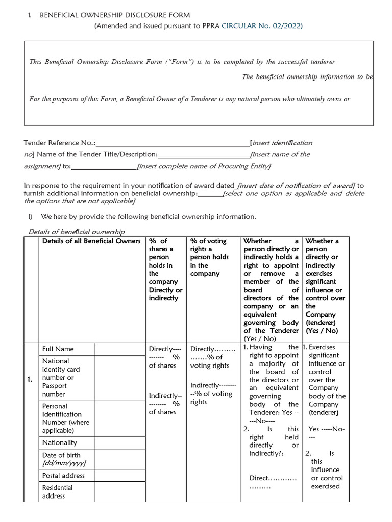 BENEFICIAL OWNERSHIP DISCLOSURE FORM - Blank | PDF | Identity Document | Ownership