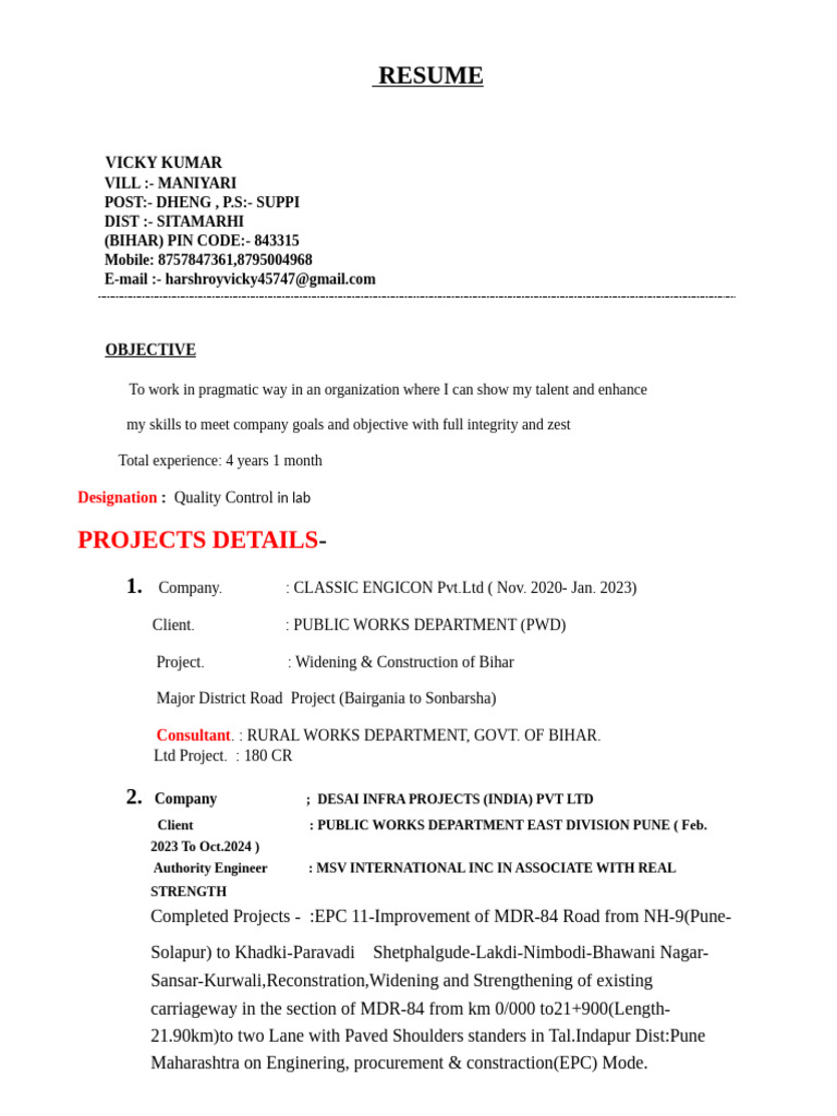 Vicky Kumar's Quality Control Resume | PDF | Concrete | Civil Engineering