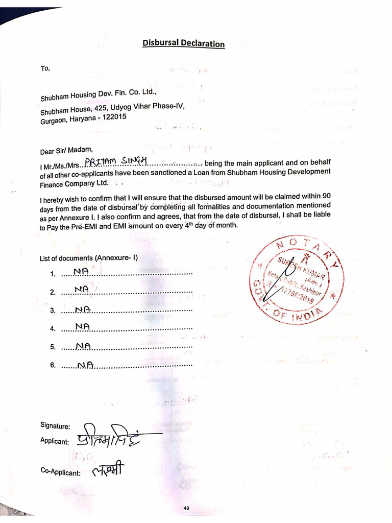 Disbursal Declaration Pritam | PDF