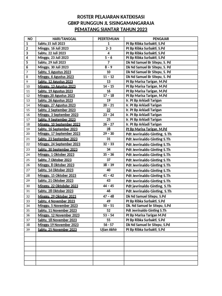 Roster Pelajaran Katekisasi 2023 | PDF