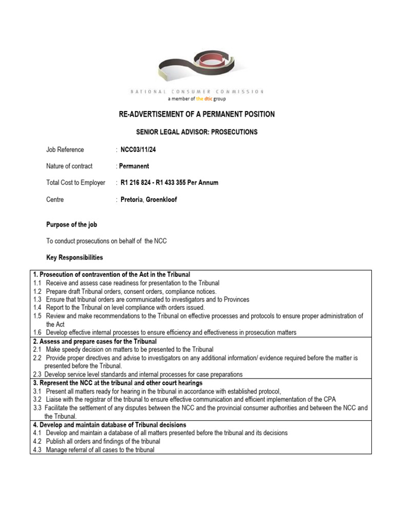 Senior Legal Advisor Position in Pretoria | PDF | Tribunal | Prosecutor