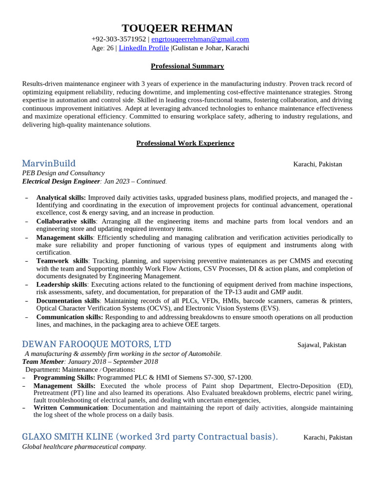 Touqeer Rehman Cv- GSK | PDF | Reliability Engineering | Audit