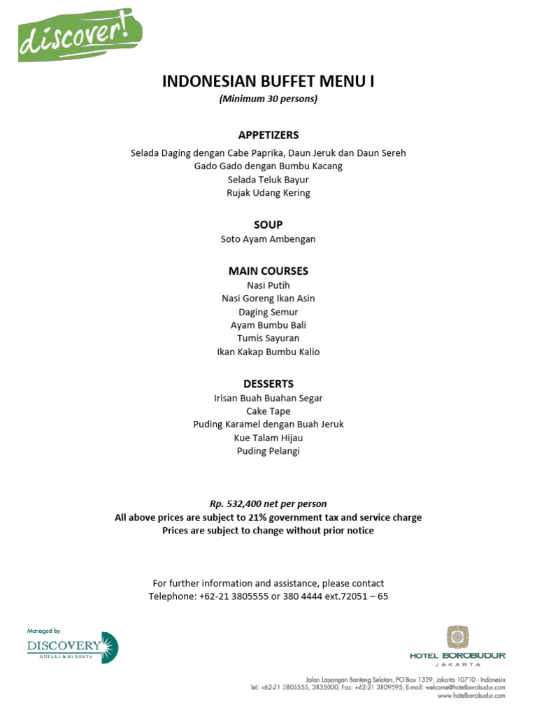 Indonesian Buffet Menu Options | PDF | Indonesian Cuisine | Food And Drink
