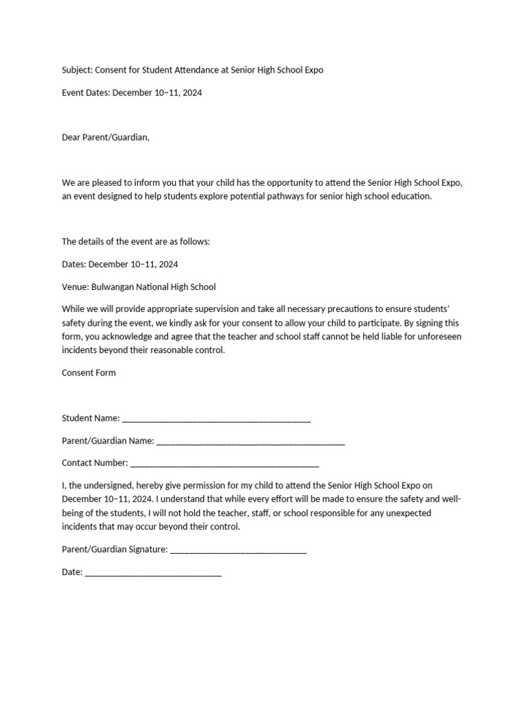 Consent Form for High School Expo 2024 | PDF