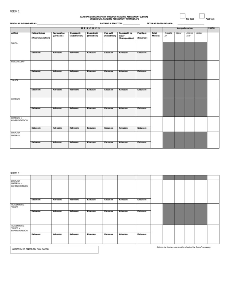 FORM 1 Individual Reading Assessment Form | PDF