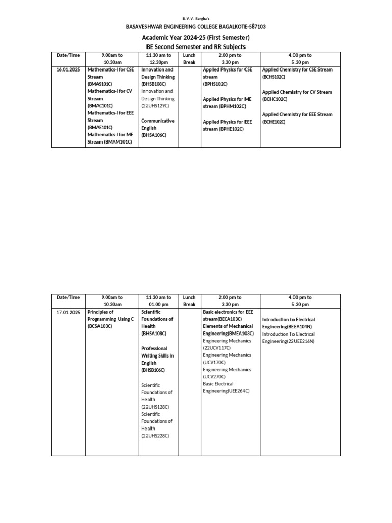 2nd CIE Time Table For Ist Sem | PDF | Engineering | Natural Sciences