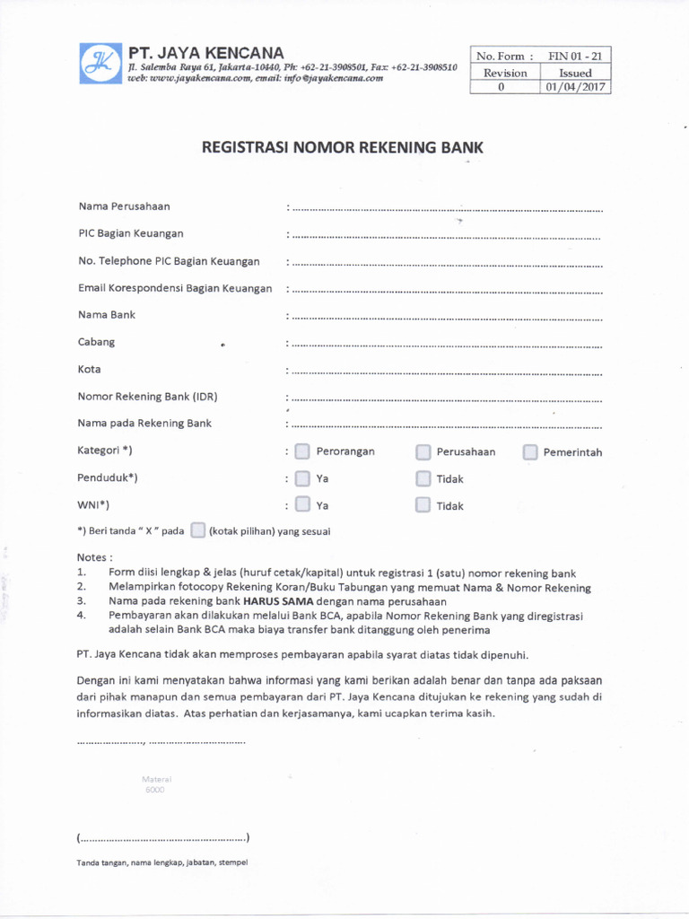 Format Registrasi Nomor Rekening Bank | PDF
