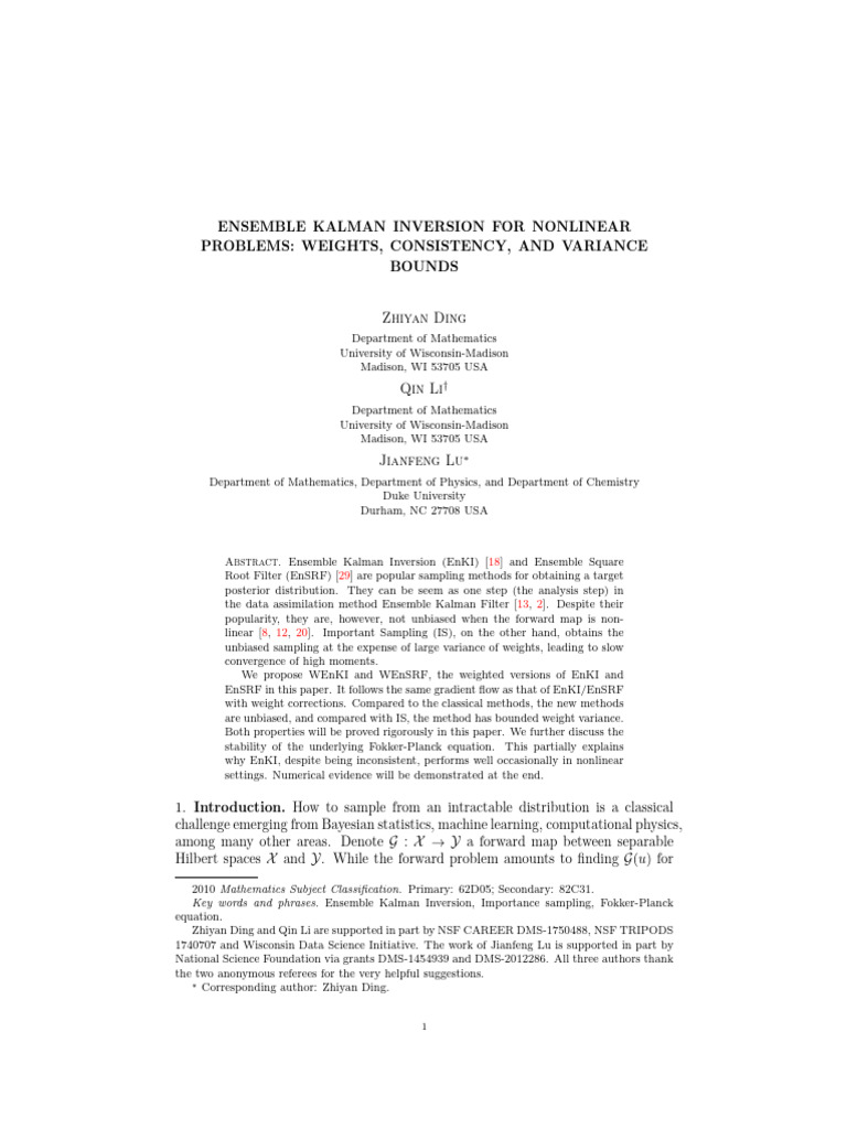 Weighted Ensemble Kalman Inversion Methods | PDF | Kalman Filter | Variance