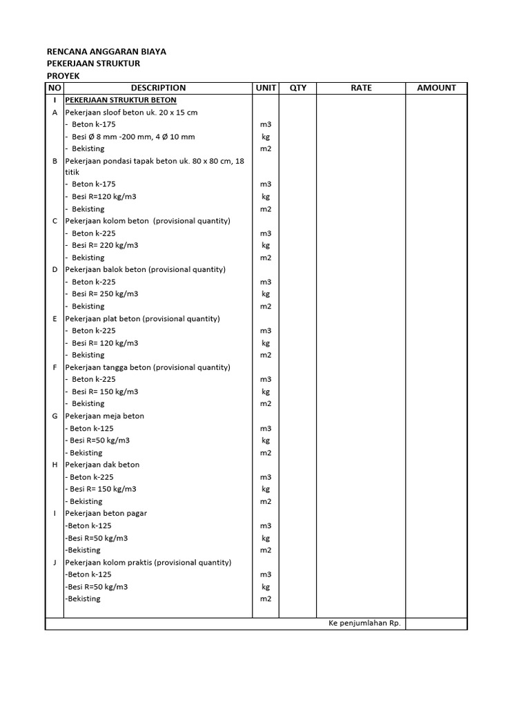 Contoh BOQ Proyek Struktur Beton | PDF