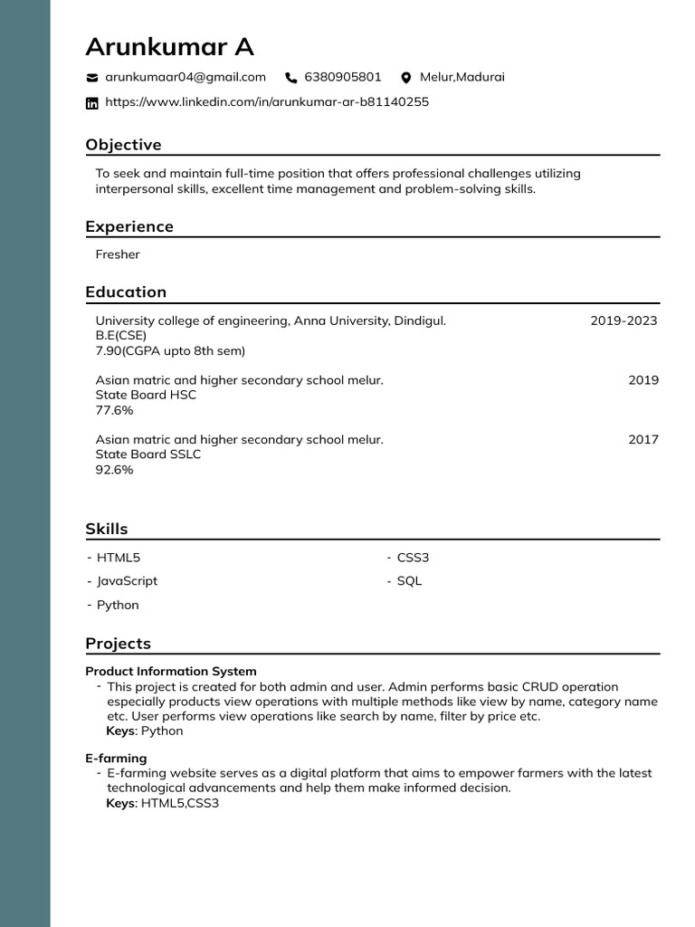 Arunkumar-A_Resume (2) (1) | PDF | Computing
