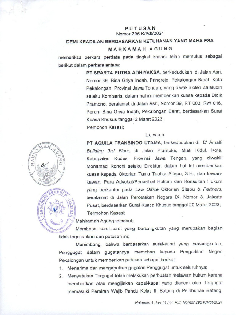 PUTUSAN MA Nomor 295 K.Pdt.2024 SPA Dengan ATU | PDF