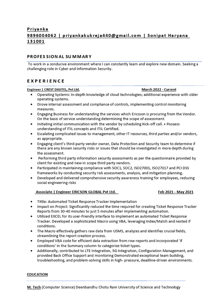 Priyanka Resume | PDF | Information Security | Microsoft Excel