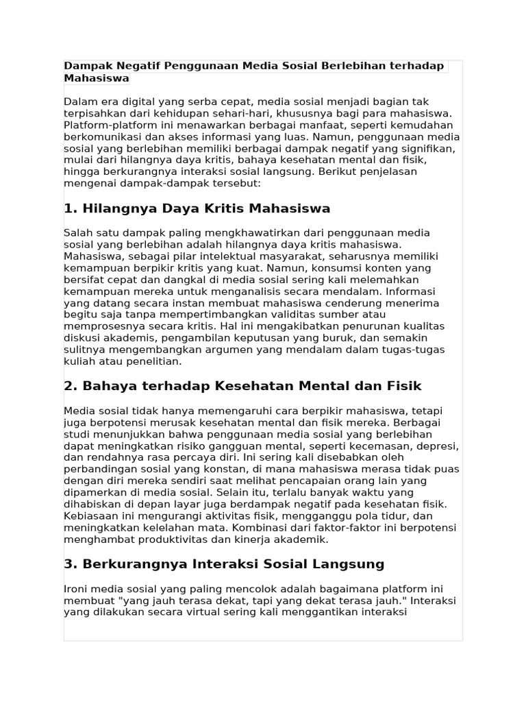 Dampak Negatif Penggunaan Media Sosial Berlebihan Terhadap Mahasiswa | PDF