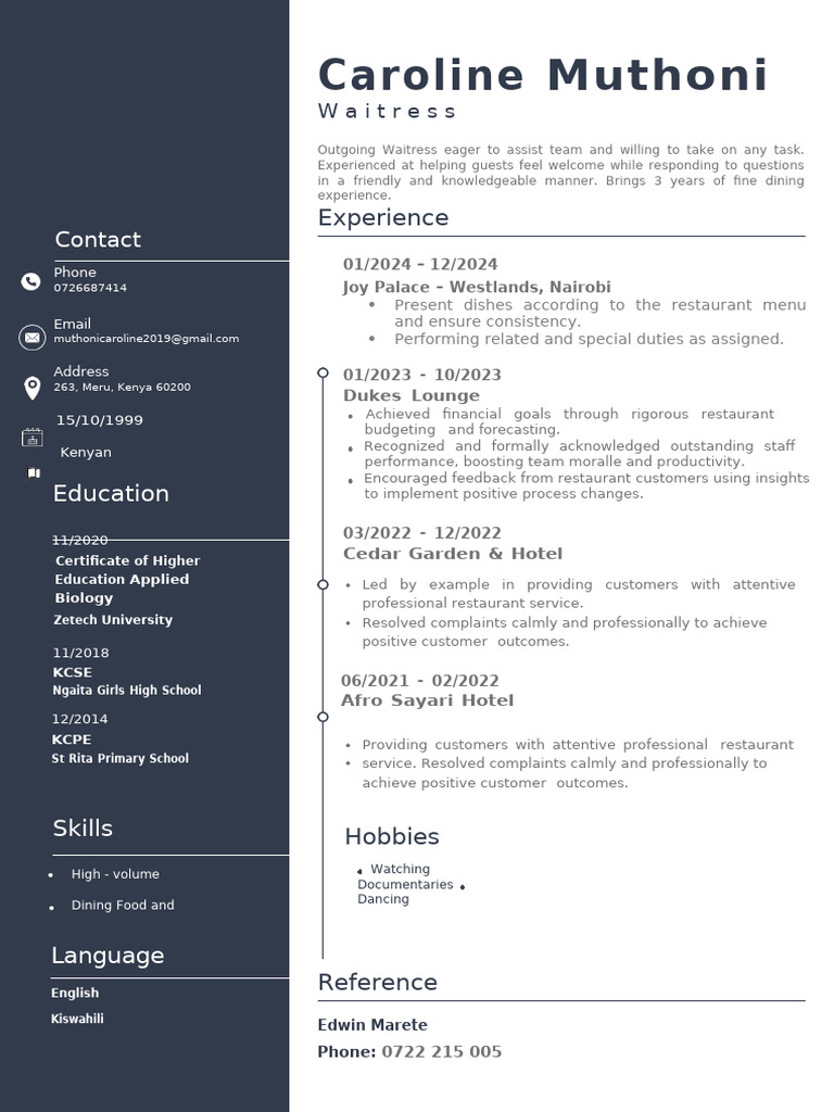Carol Udpated Resume | PDF | Restaurants | Waiting Staff
