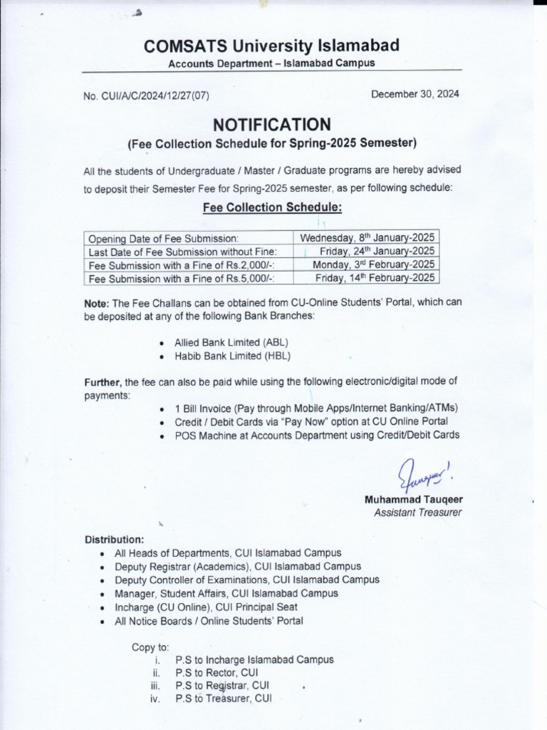 Fee Collection Schedule Spring 2025 Notification | PDF