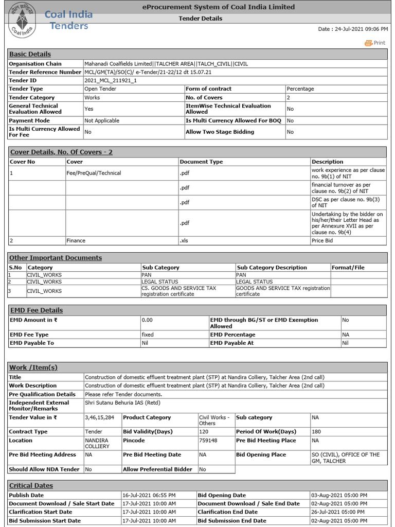 eProcurement System of Coal India Limited Nandira Colliery STP | PDF | Joint Venture | Business