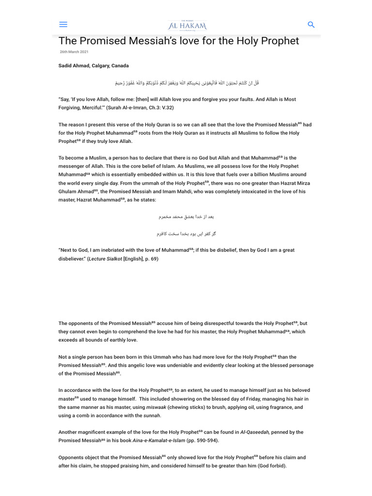 The Promised Messiah’s Love for the Holy Prophet | PDF | Abrahamic ...