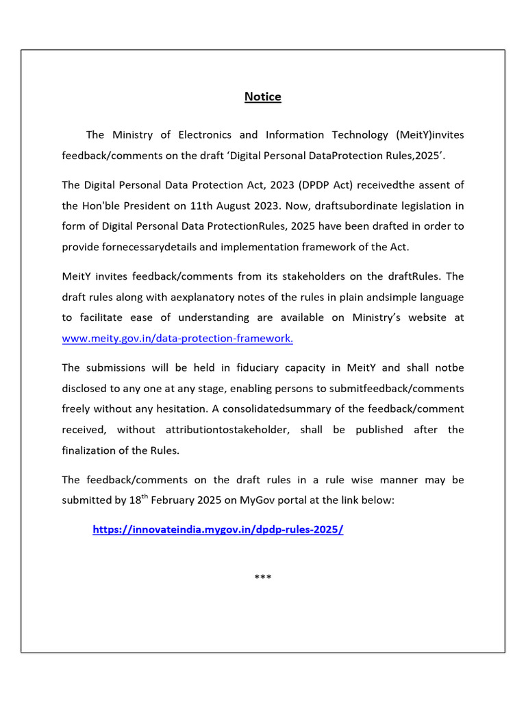 Notice - Draft Digital Personal Data Protection Rules, 2025 | PDF