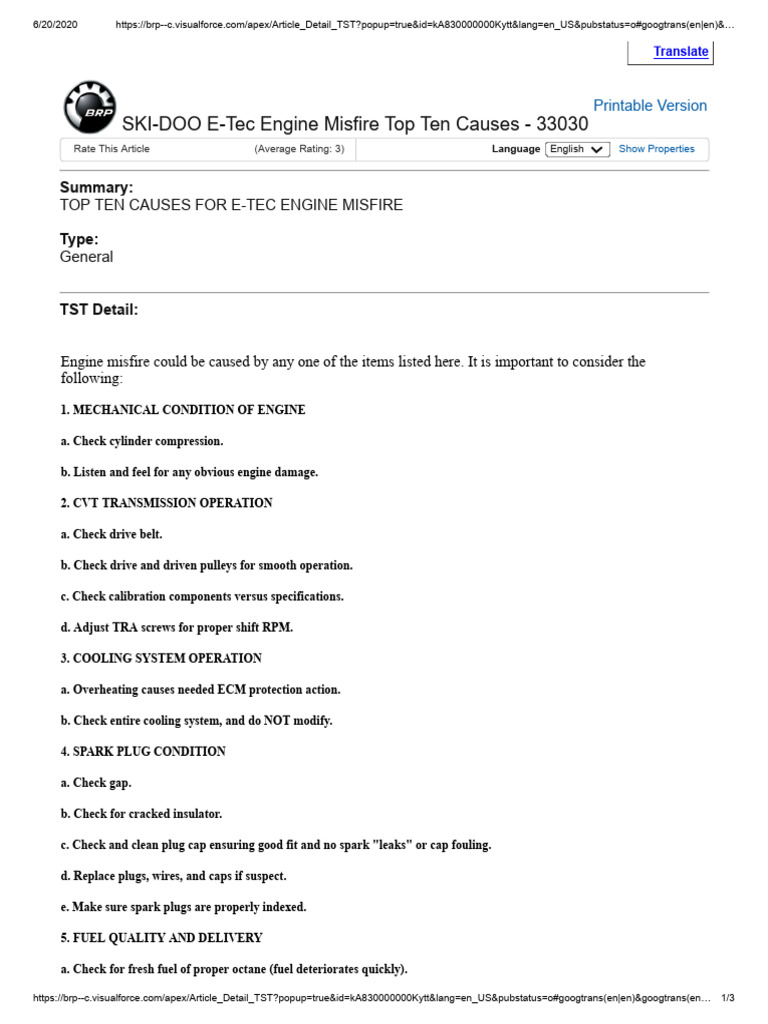 E-Tec Engine Misfire Top Ten Causes | PDF | Engines | Internal ...