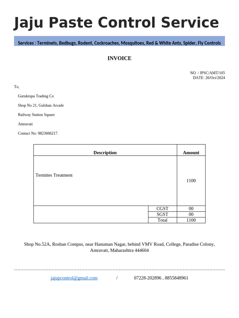 Pest Control Invoice for Businesses | PDF