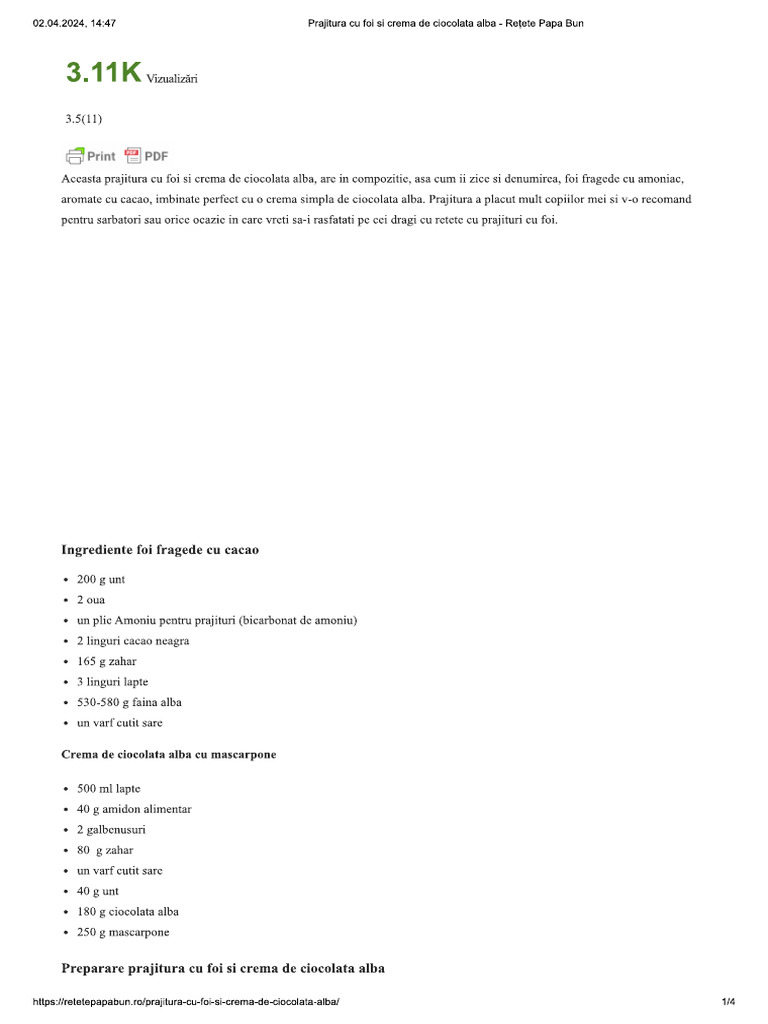 Prajitura Cu Foi Si Crema de Ciocolata Alba - Reete Papa Bun | PDF