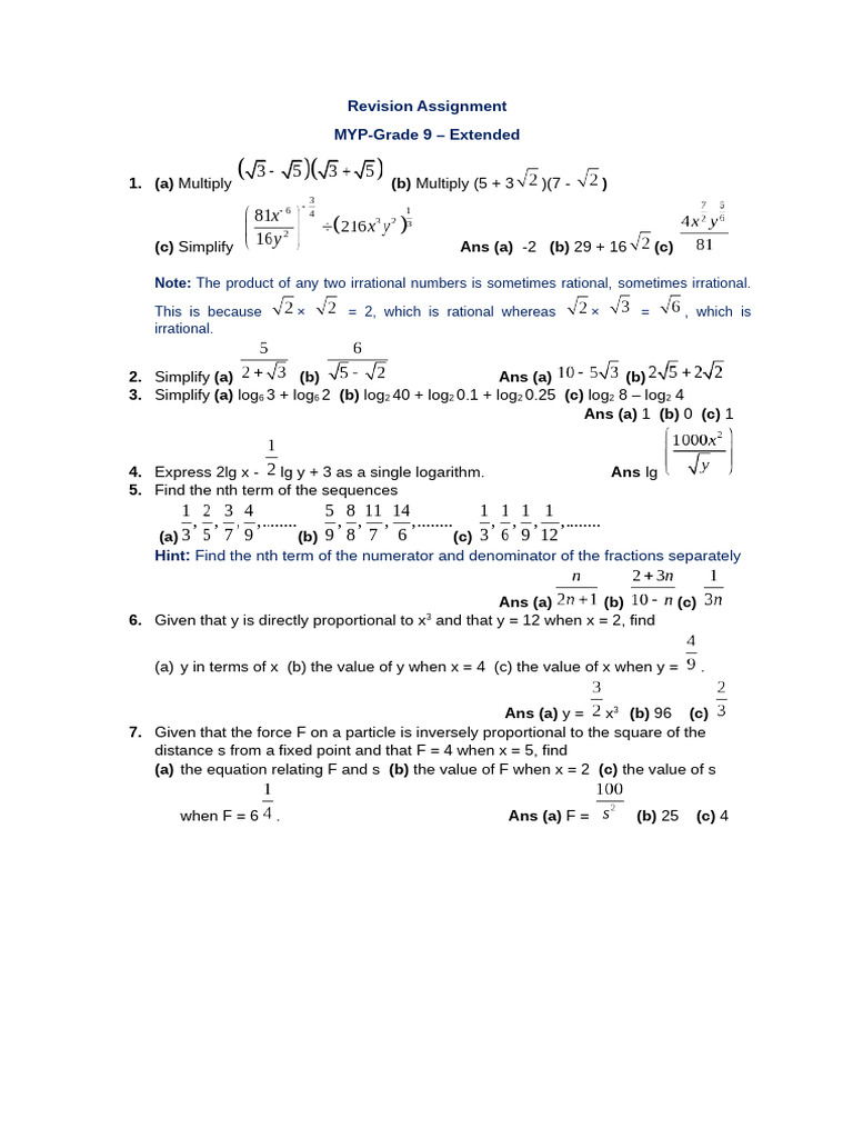 Grade 9 IB Math Revision Assignment | PDF | Number Theory | Elementary ...