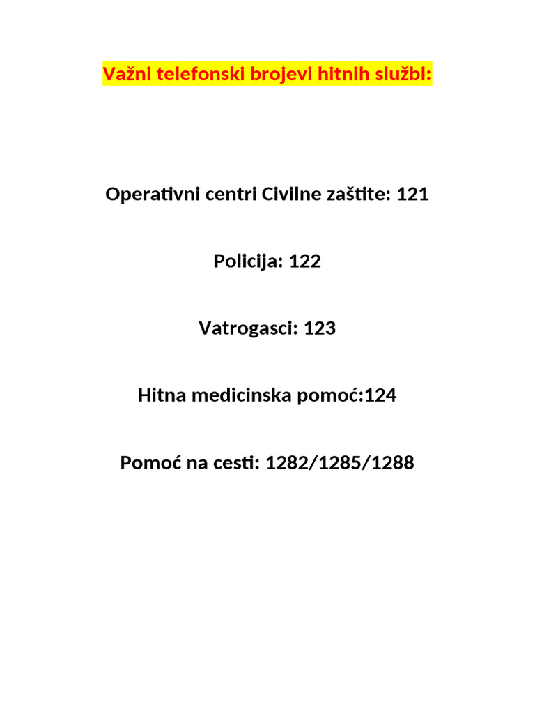 Važni Telefonski Brojevi Hitnih Službi | PDF