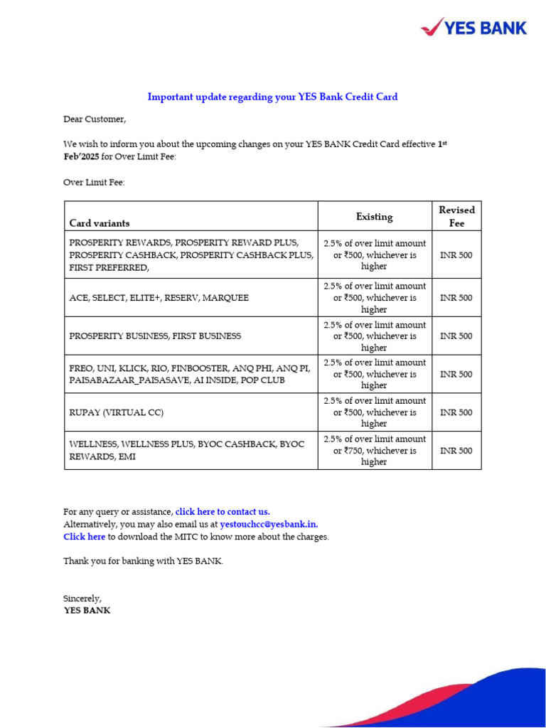 Ybl Yes Bank Important Update Regarding Your Yes Bank Credit Card | PDF