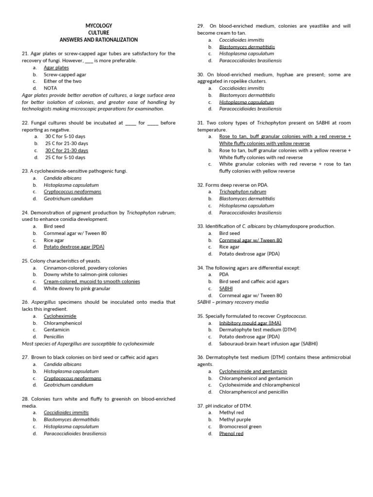 Mycology Culture Answers and Ratio | PDF | Mycology | Fungus
