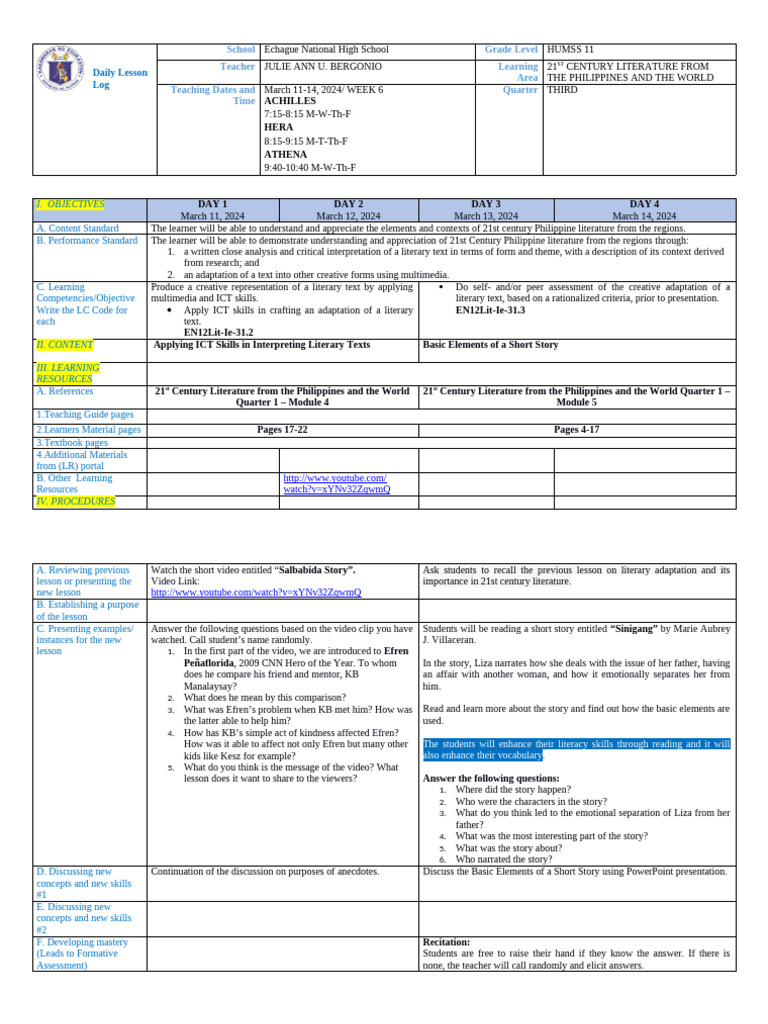 Q1-W6-DLL-21st Century Literature | PDF | Educational Technology | Cognition