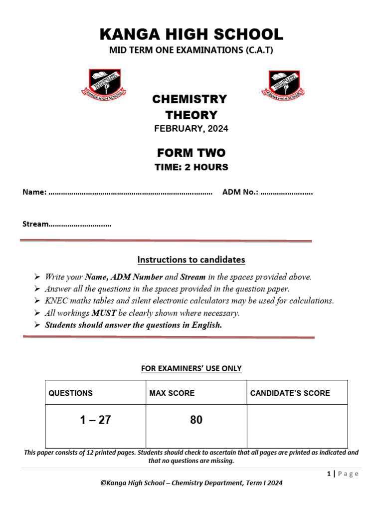 Form Two Chemistry Exam | PDF | Chemical Elements | Isotope